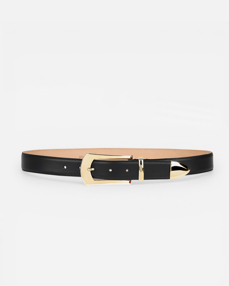 Knox Smooth Black Slim Leather Belt with Gold Buckle | Linea Pelle